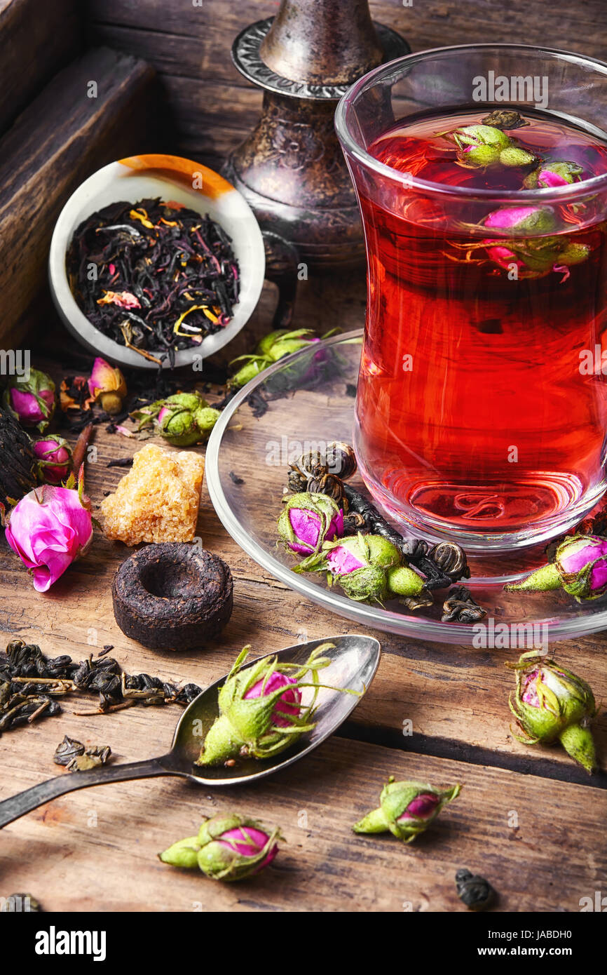 large variety black tea,green tea,rose tea on wooden background Stock ...