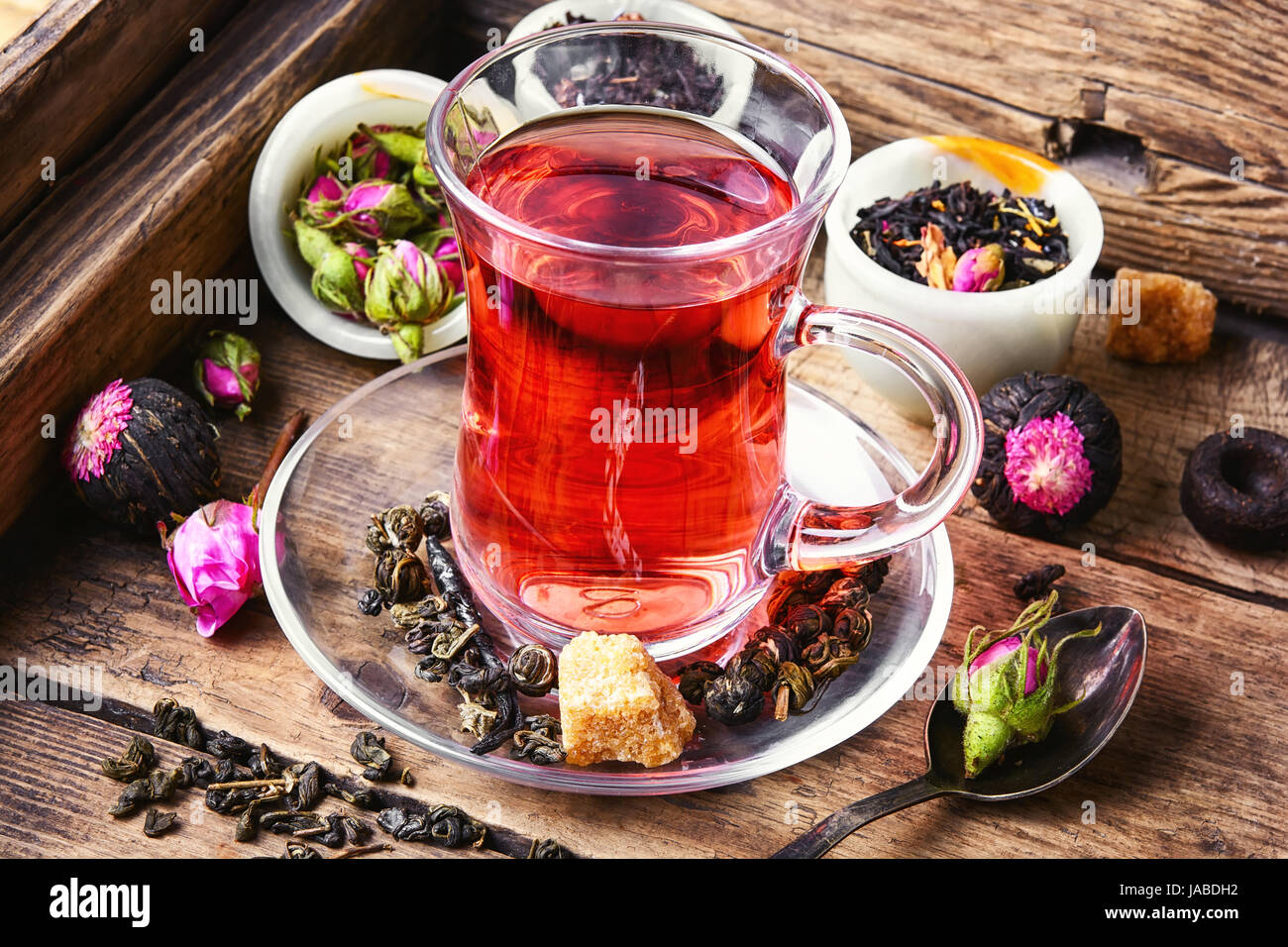 large variety black tea,green tea,rose tea on wooden background Stock ...