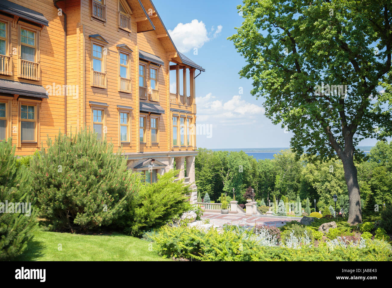 Big wooden country house. Mejigorye. Frame Honka Stock Photo - Alamy