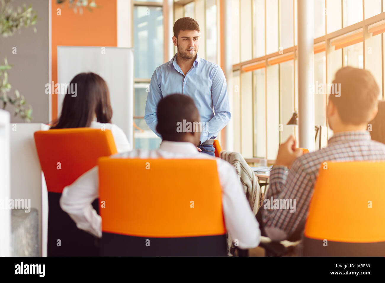 business, startup, presentation, strategy and people concept - man ...