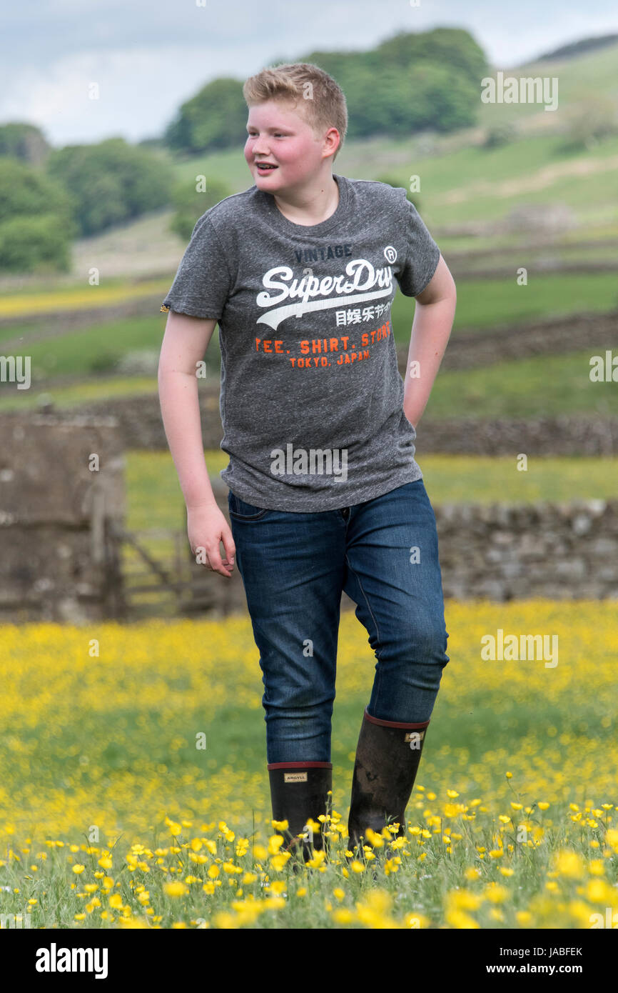 Teenage farm boy walking through ildflower meadow, North Yorkshire, UK ...