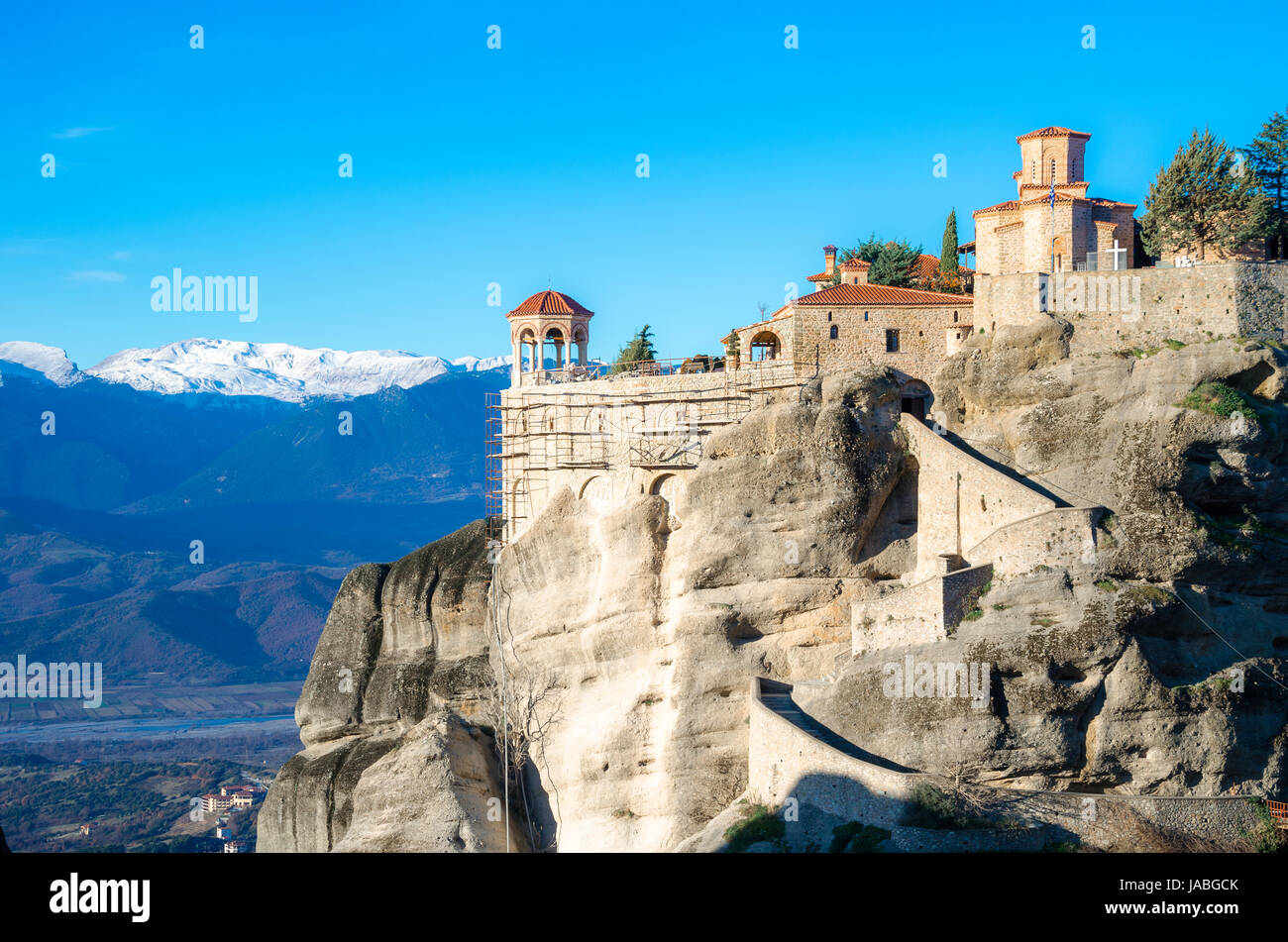 Rock towers of Meteora monasteries on top of them, Greece Stock Photo ...