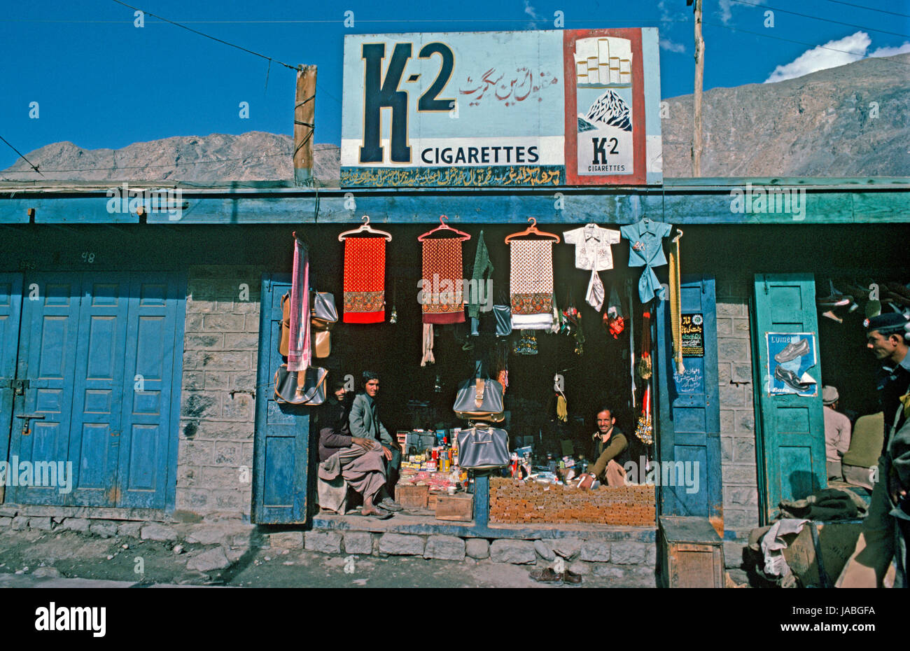 Gilgit shops and advertising K2 cigarette hoarding, Gilgit-Baltistan ...
