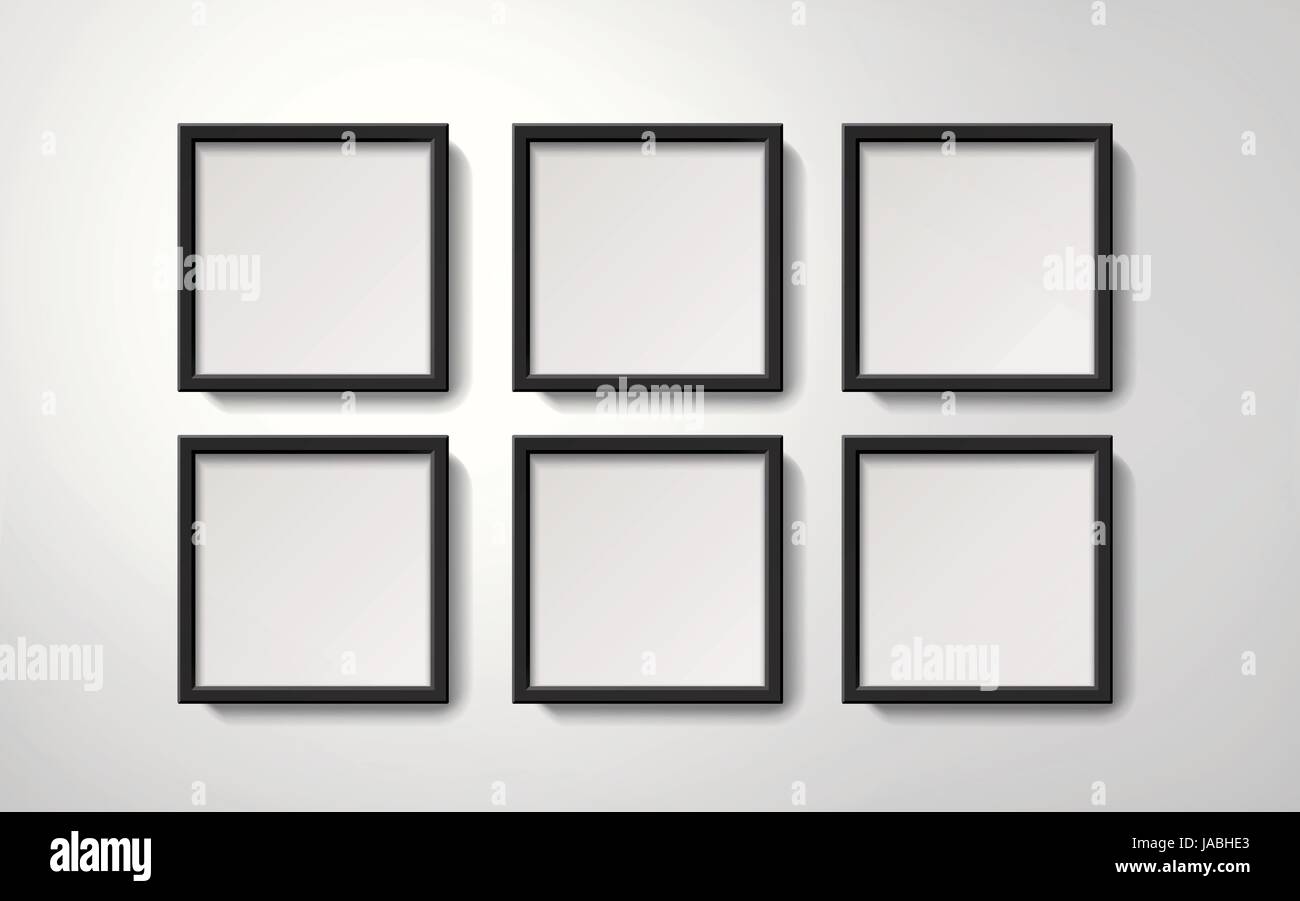 Blank picture frames collection hanging on the wall in orderly way, 3d ...