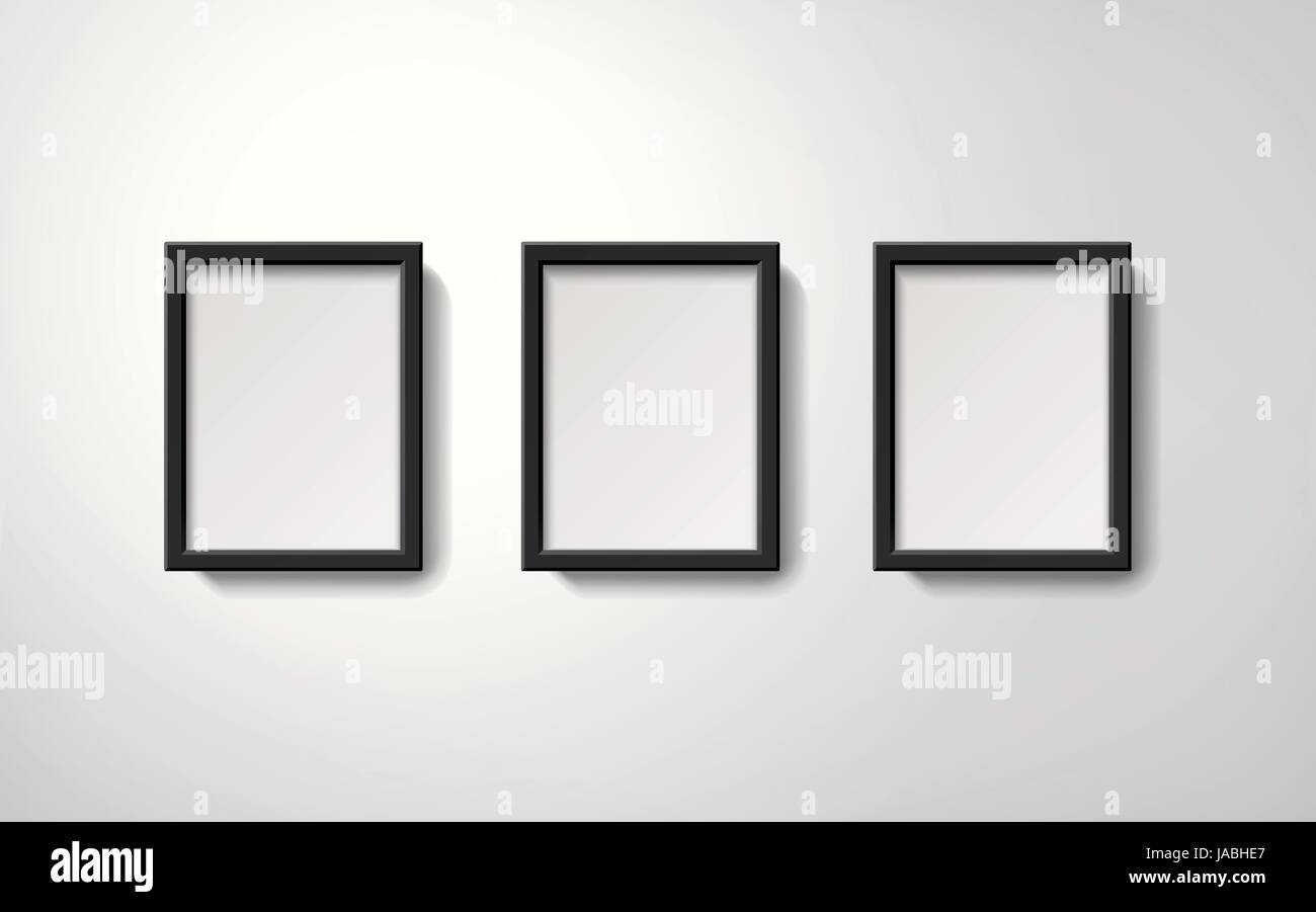 Blank picture frames collection hanging on the wall in orderly way, 3d ...