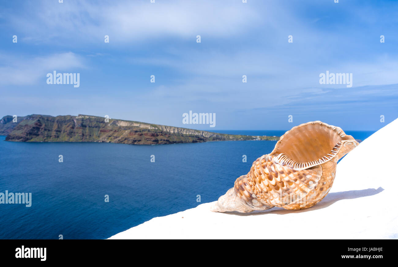 A seashell on a ledge with ocean background, Santorini, Greece Stock ...