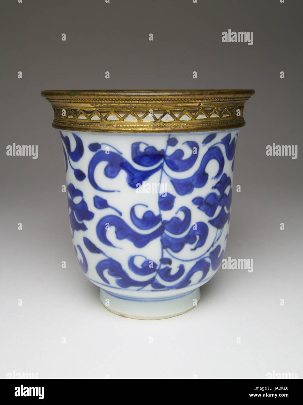 Antique Chinese blue and white porcelain beaker with European gilt ...