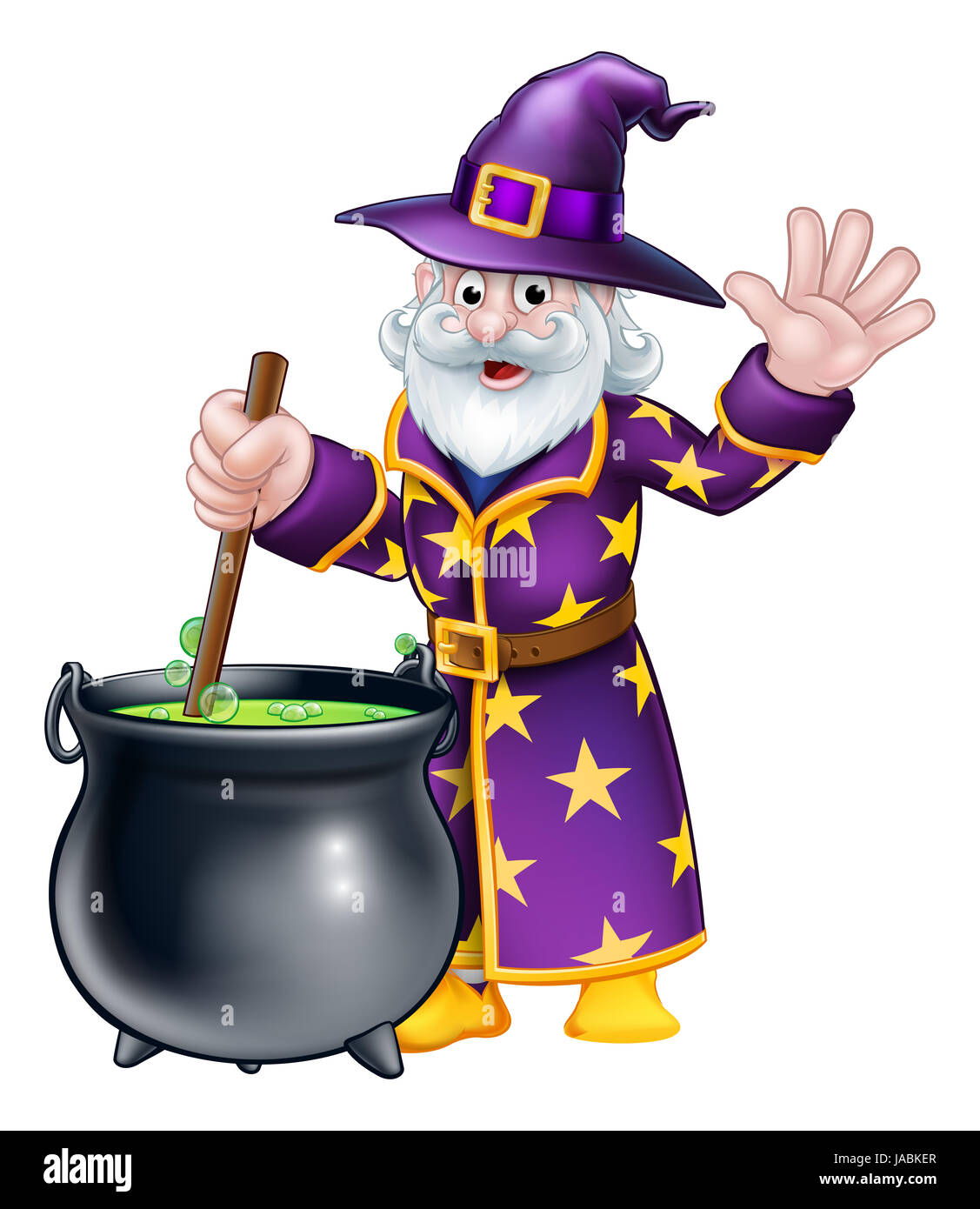 A cartoon Halloween wizard character stirring a cauldron and waving ...
