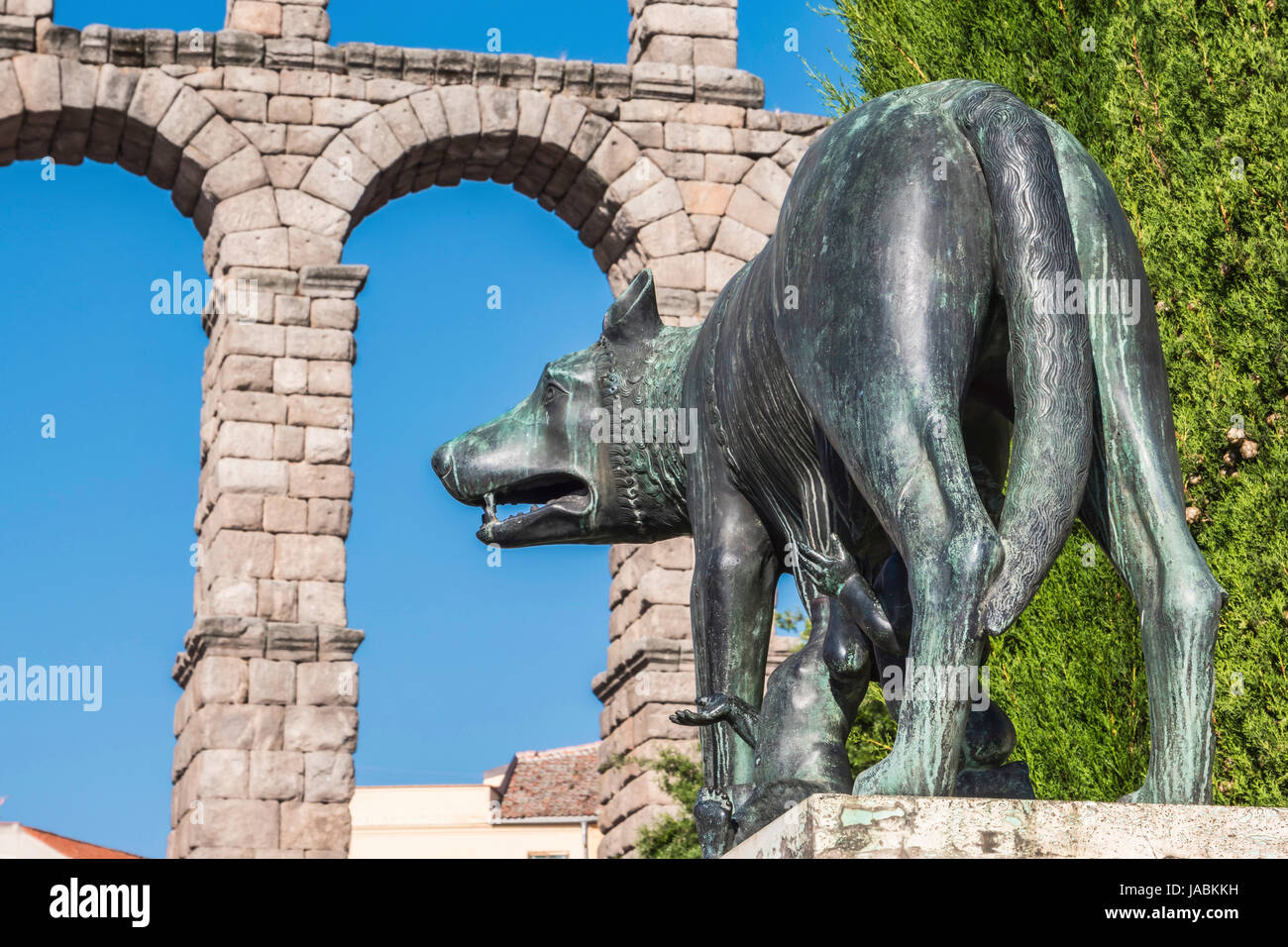 Lupa Capitolina statue at the foot of Aqueduct of Segovia on Plaza del ...