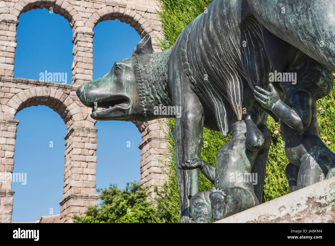 Lupa Capitolina statue at the foot of Aqueduct of Segovia on Plaza del ...