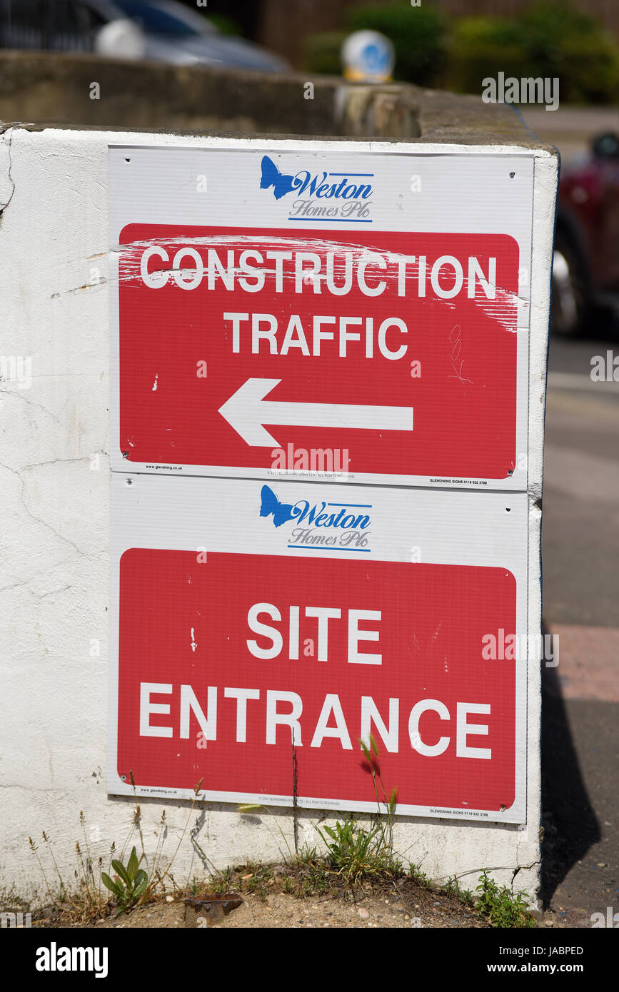 Construction traffic site entrance sign of Weston Homes PLC. Sutton ...