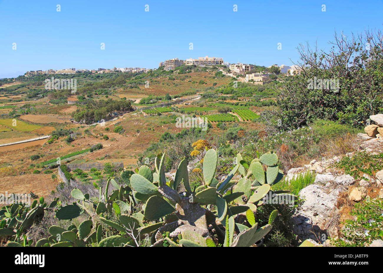 Rural farming landscape hilltop village of Xaghra, island of Gozo ...