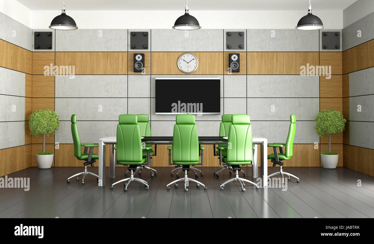 Contemporary meeting room with concrete and wooden panel - rendering ...