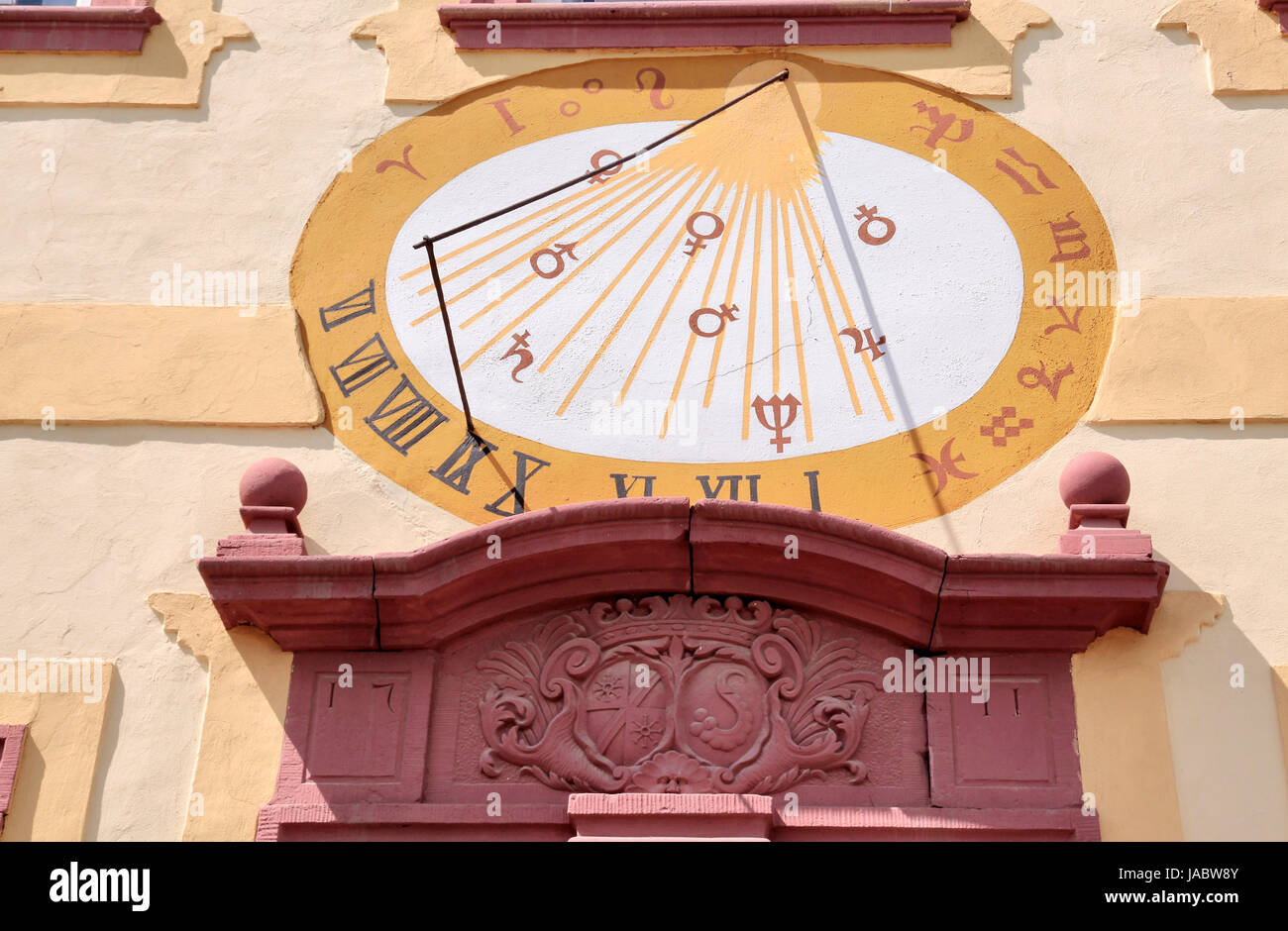 Sundial on a building in Palace of Vollrads in Winkel, Rheingau, Hesse ...