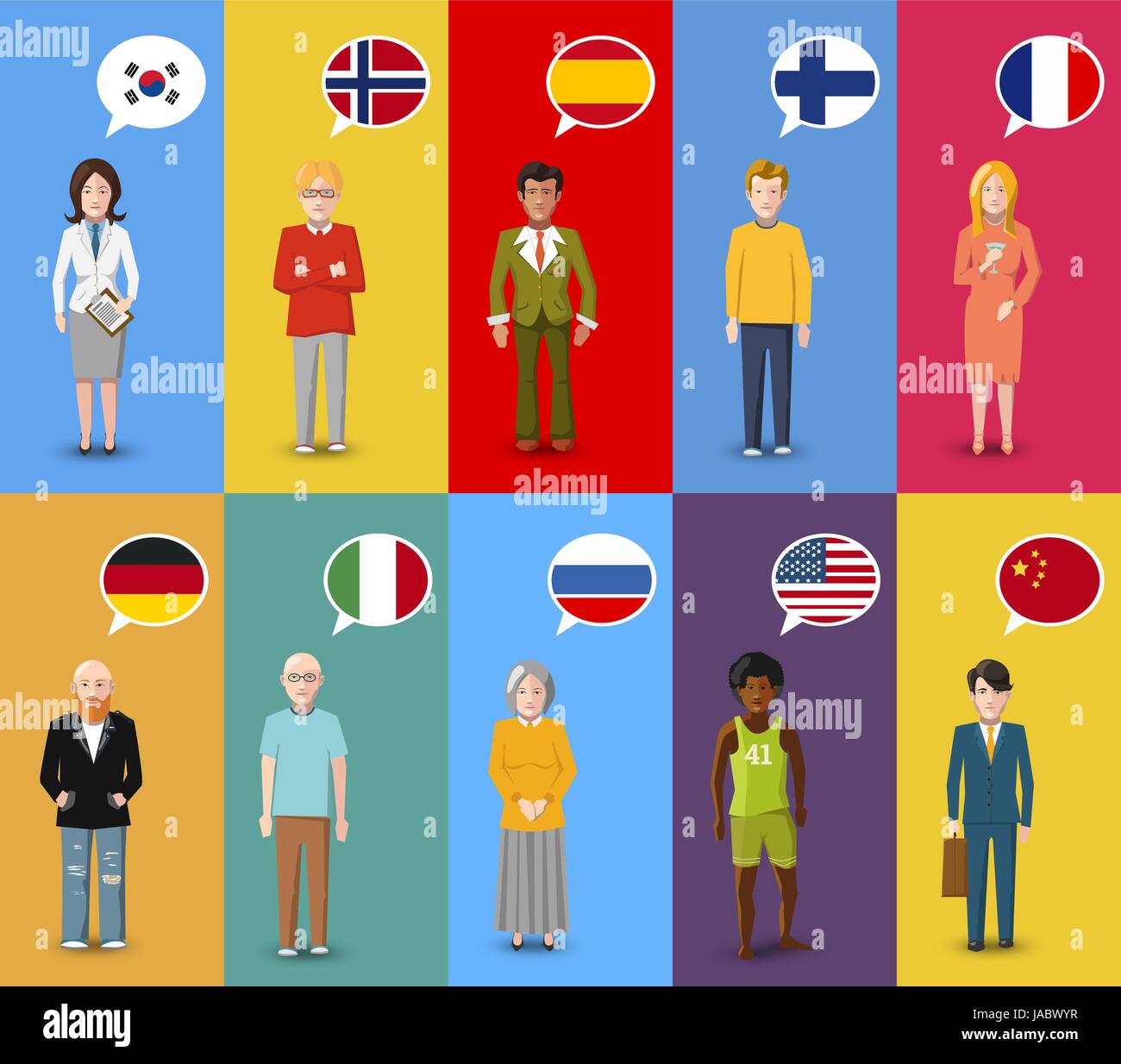 A lot of colourful characters with speech bubbles with different ...