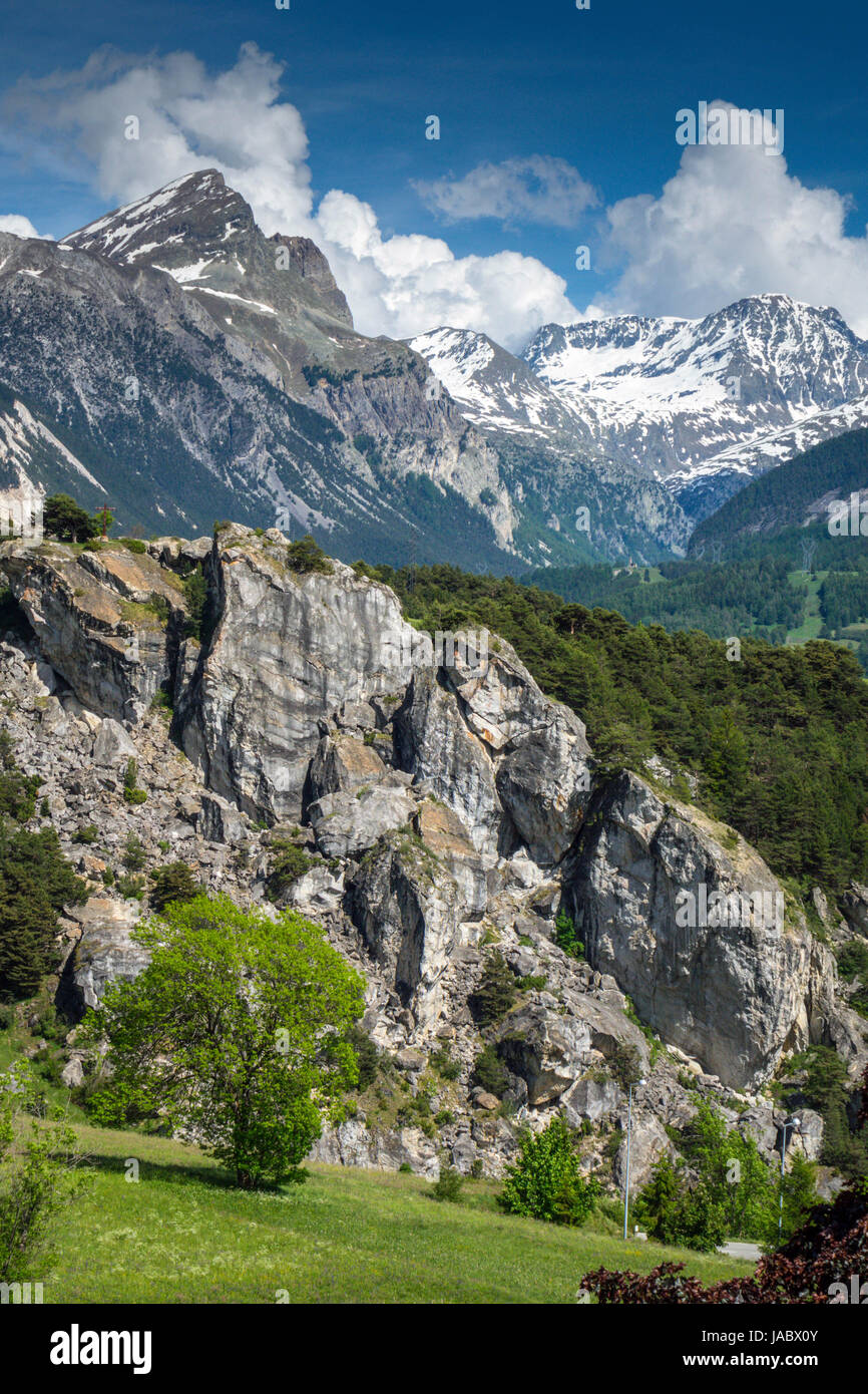 Falaise de Croe and snowy mountains Aussois, village on the edge of the ...
