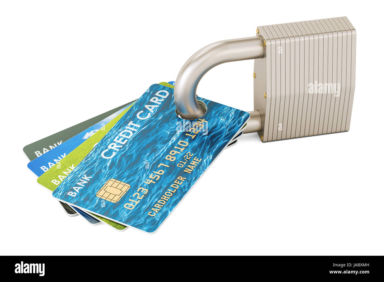 Credit cards and padlock, security payment concept. 3D rendering ...
