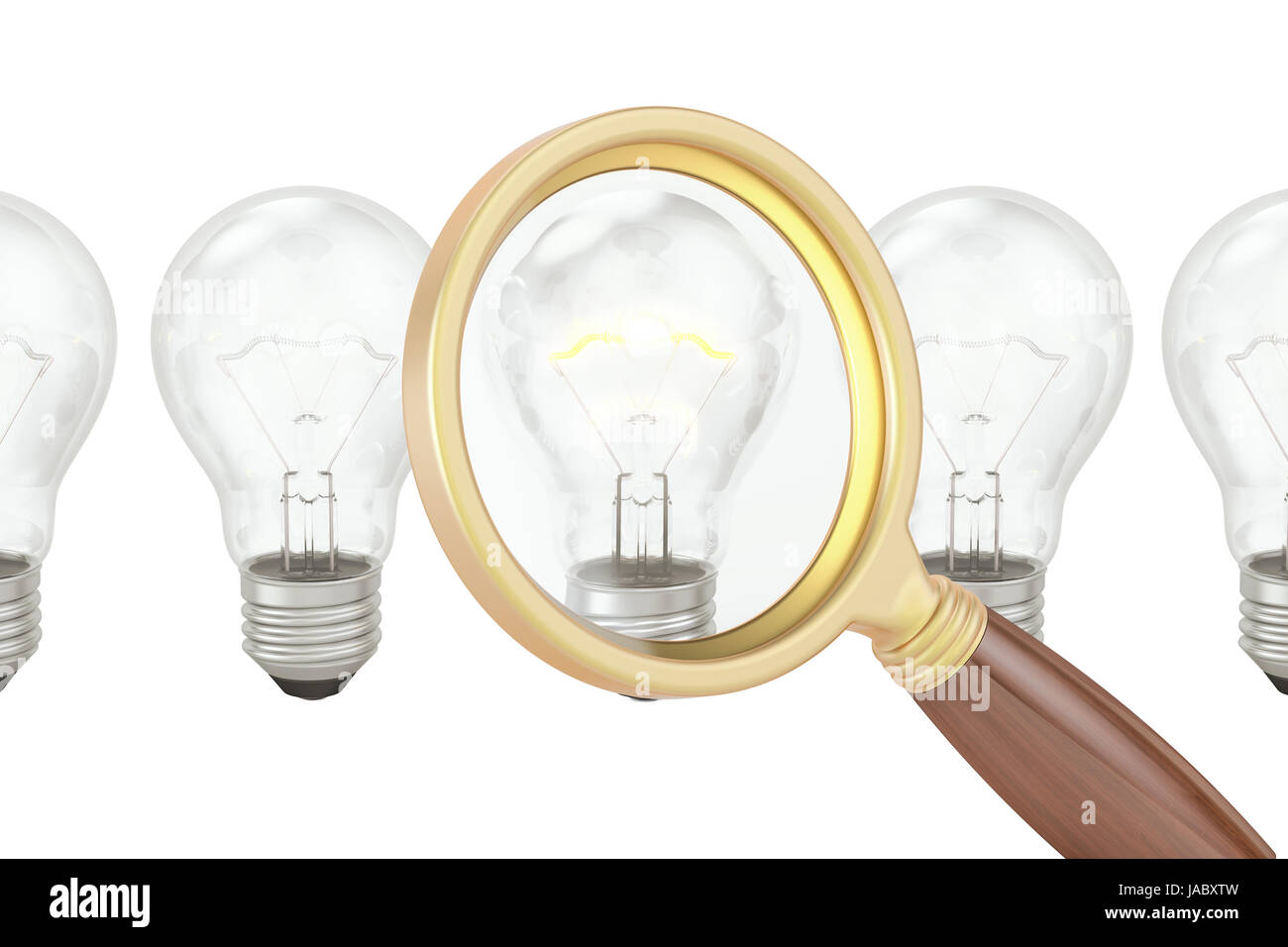 Search ideas concept with magnifier and lightbulbs, 3D rendering ...