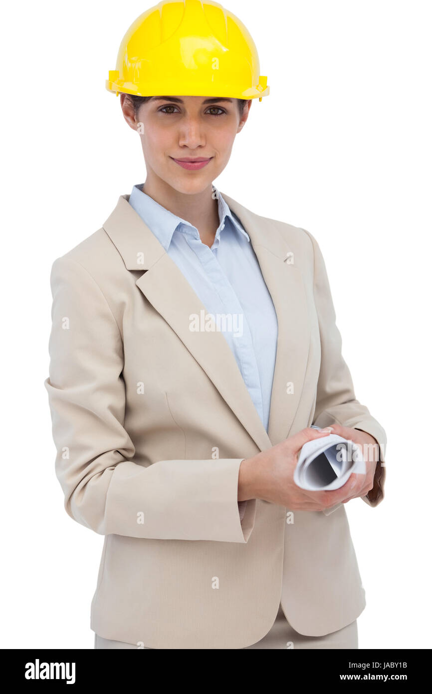Architect with hard hat holding plan on white background Stock Photo ...