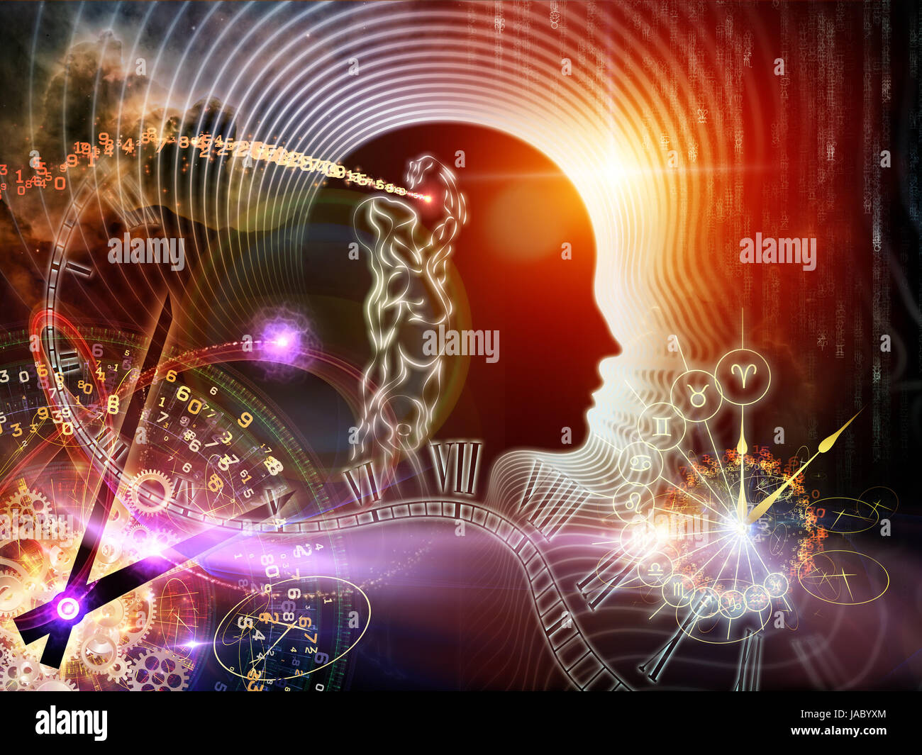 Artistic background made of human feature lines and symbolic elements ...