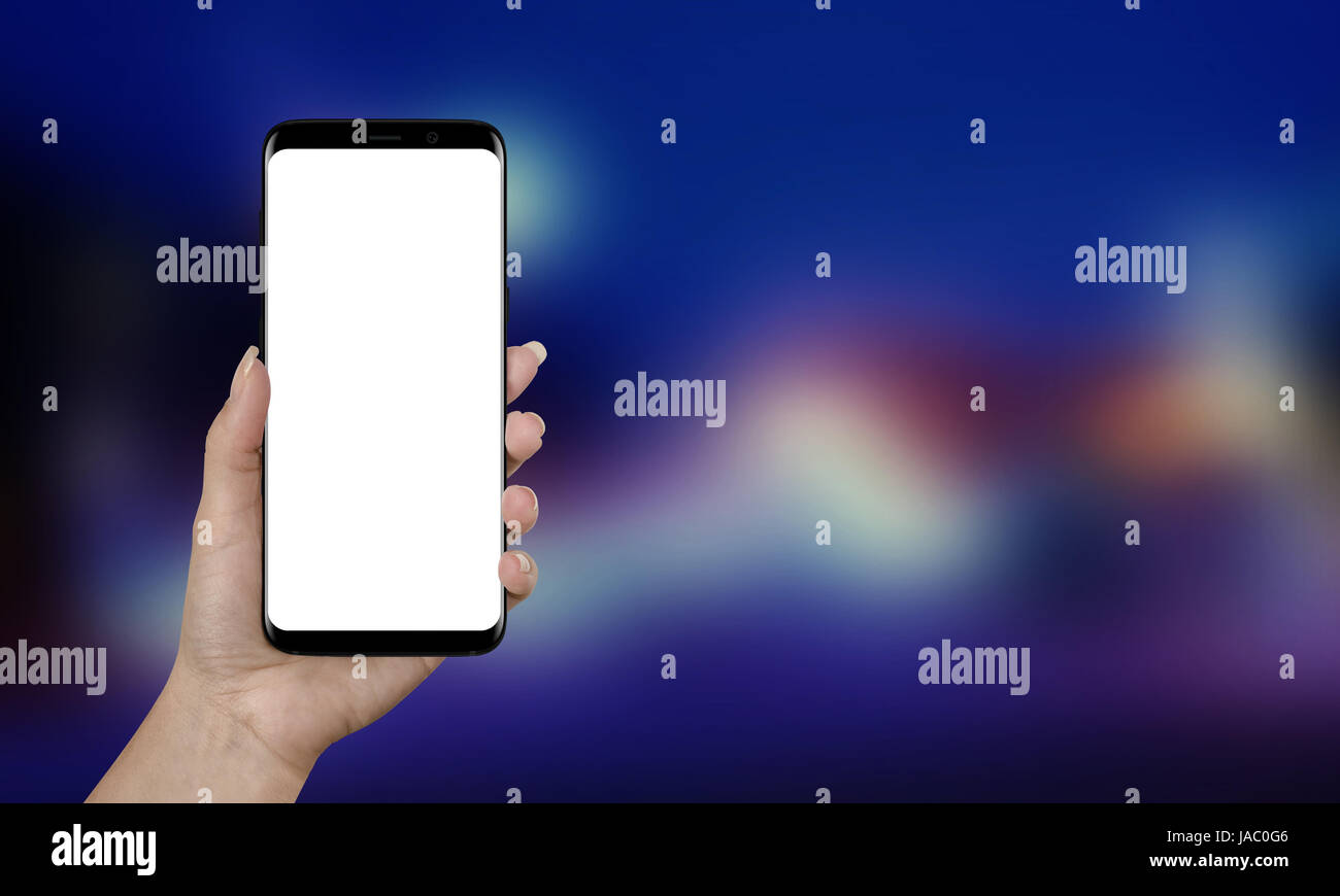 Smart phone in woman hand. Modern phone with round edges. Isolated ...