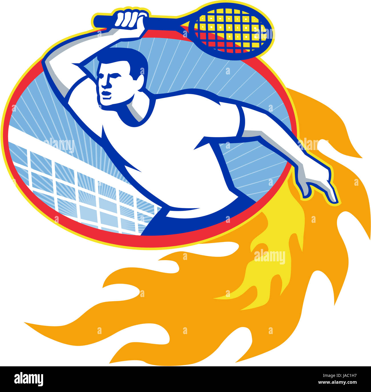 Illustration of a tennis player holding racquet set inside oval with ...