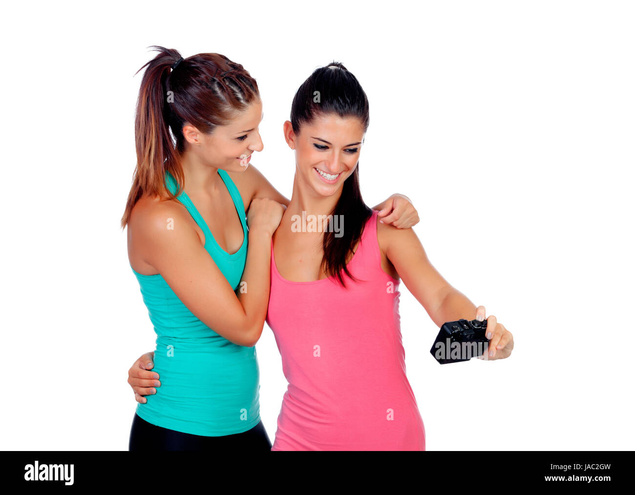 Two good friends getting a photo isolated on a white background Stock ...