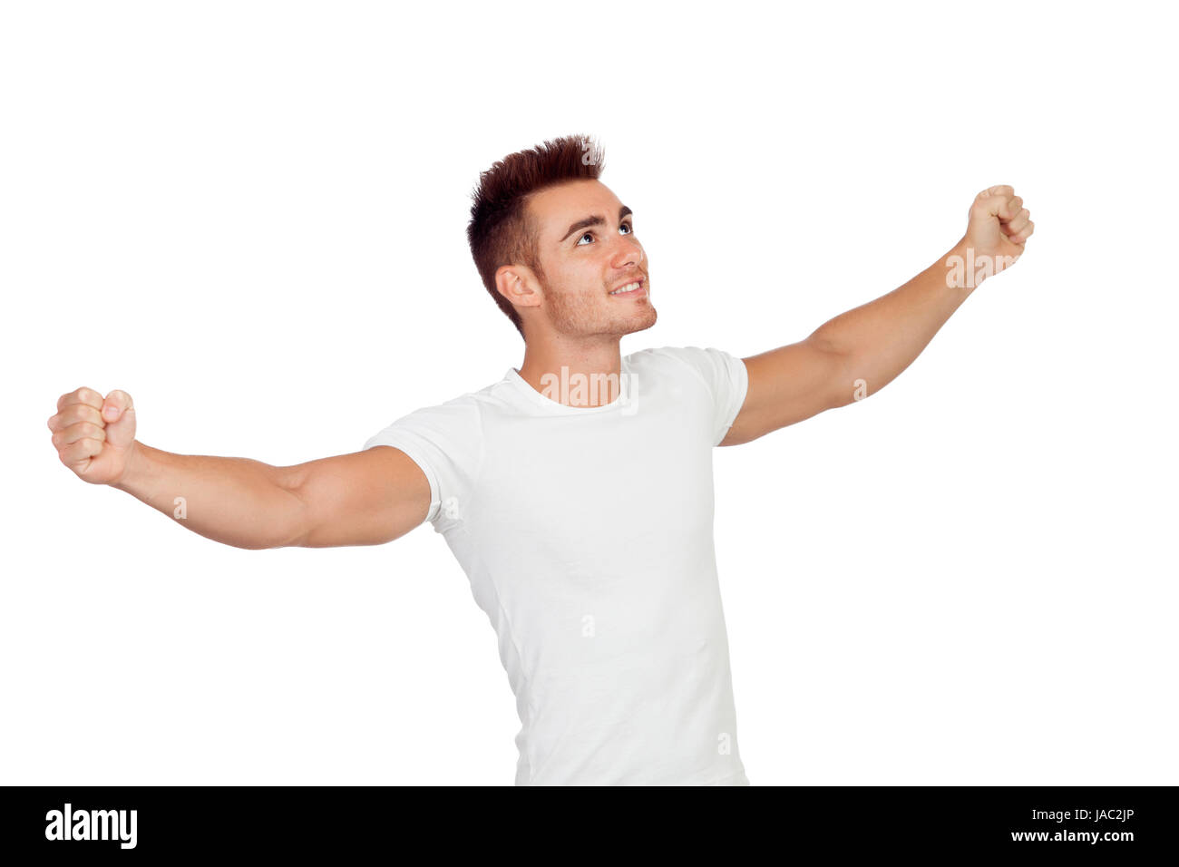 Successful casual young man with arms open - isolated over white Stock ...