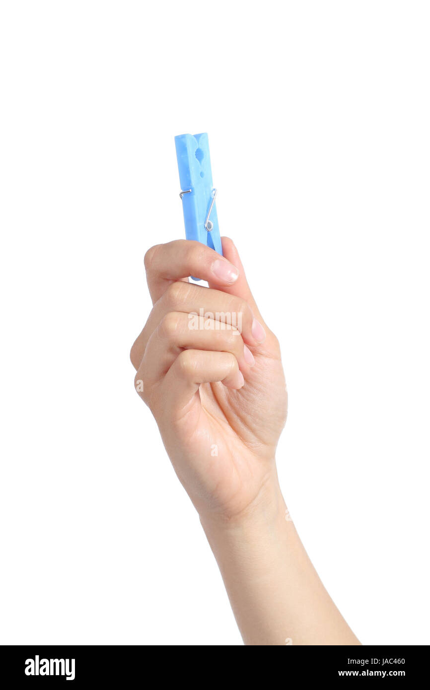 Front view of a woman hand holding a clothespin isolated on a white ...