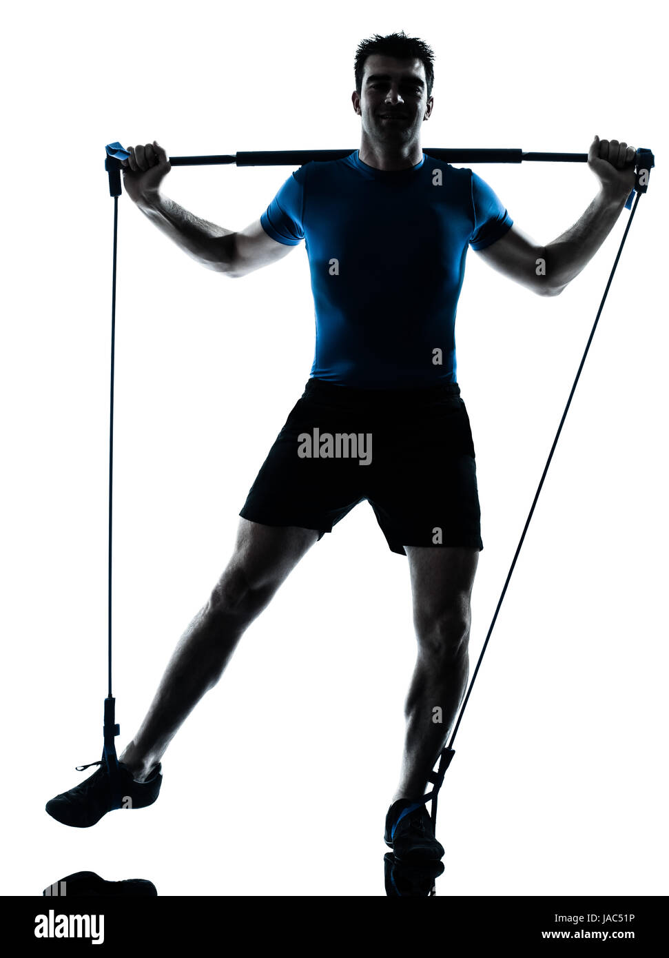 one caucasian man exercising gymstick workout fitness in silhouette ...