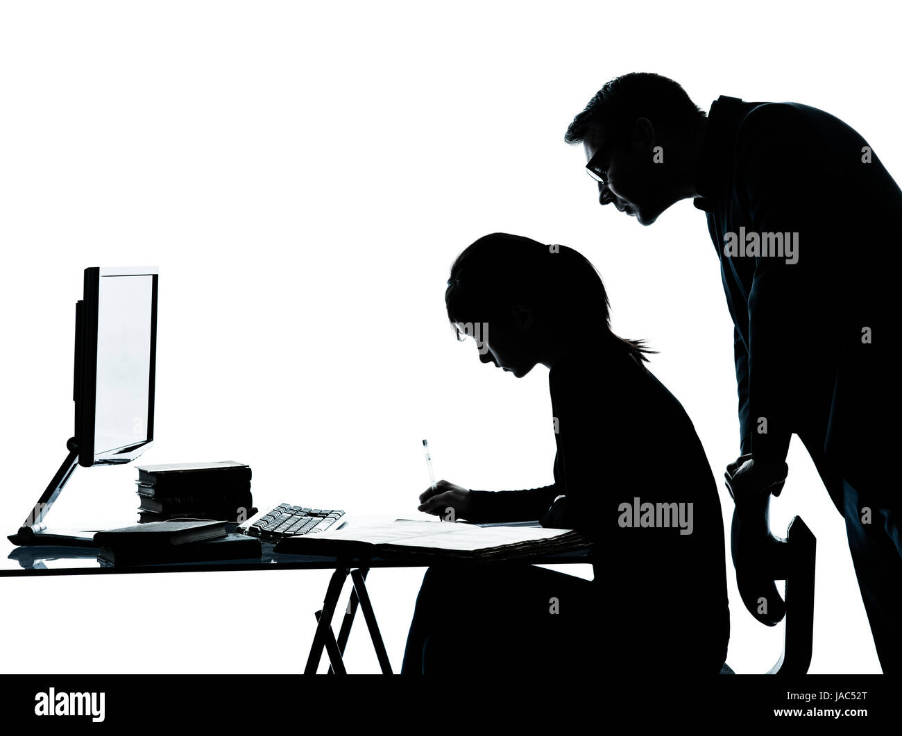 one man father professor and student teenager girl helping for homework ...