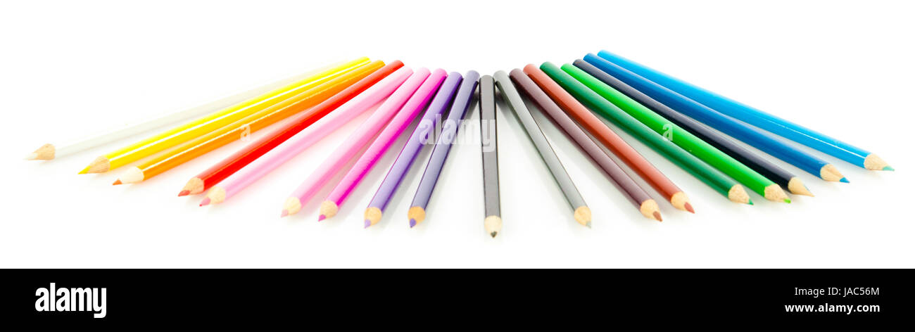 Colour pencils isolated on white background. Many different colored ...