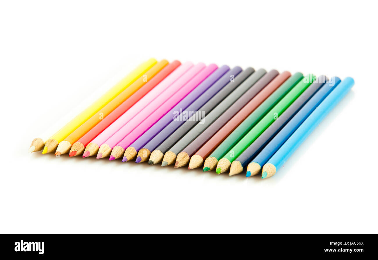 Colour pencils isolated on white background. Many different colored ...