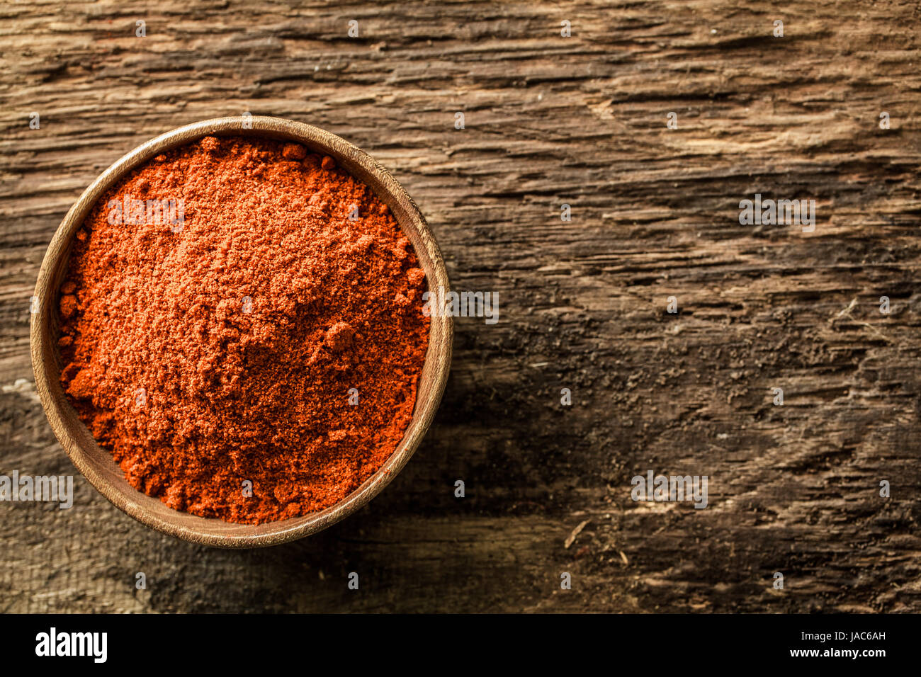 Overhead close up view of a bowl of ground red cayenne pepper on a ...