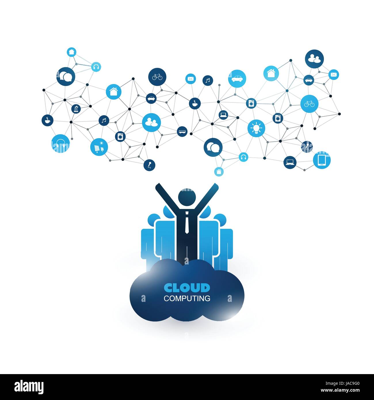 Cloud Computing Design Concept with a Standing Happy Business Men and Icons - Digital Network ...