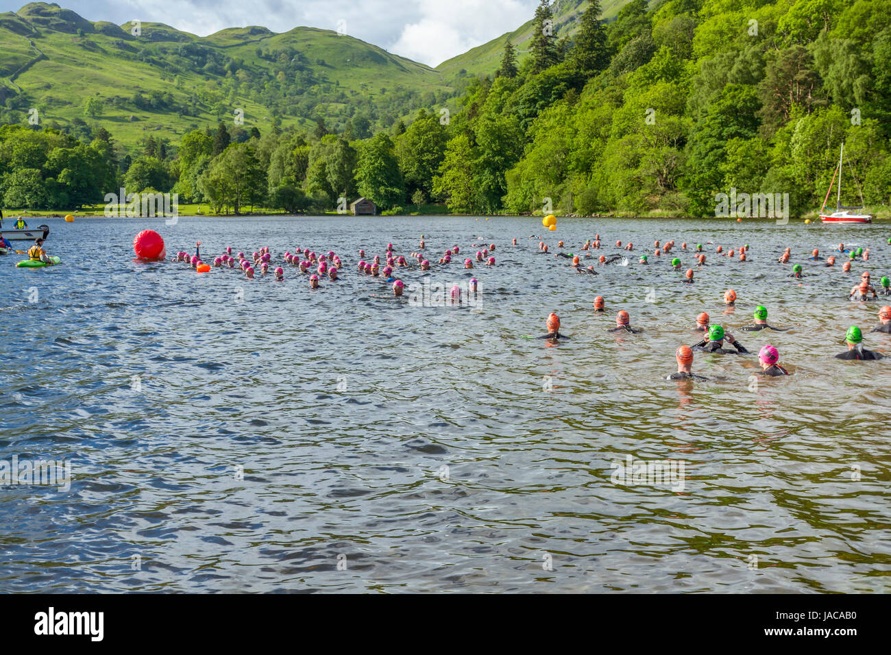 Swimmers awaiting the start of the 2017 Ullswater EPIC open water ...