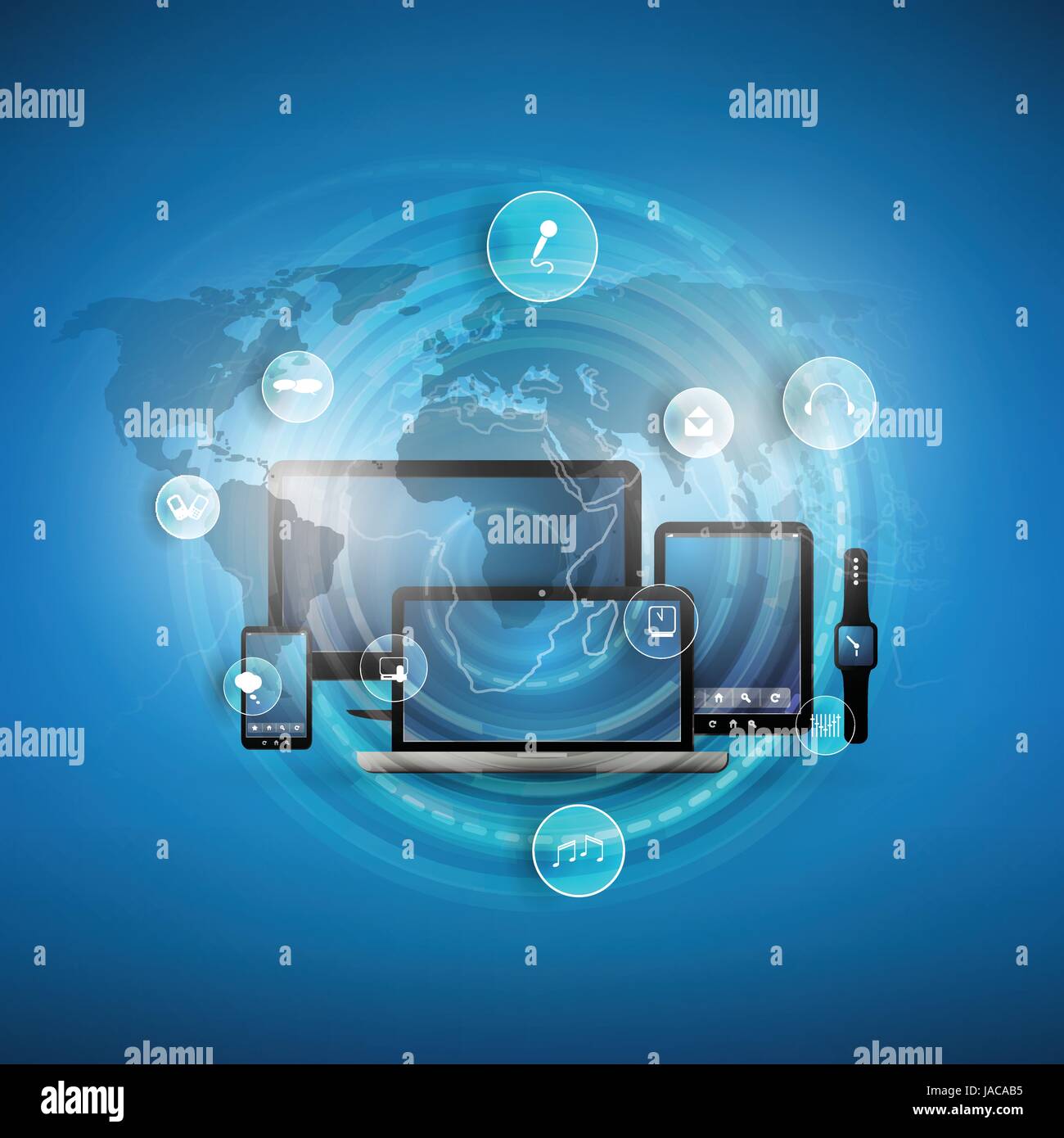 Abstract Modern Blue Cloud Computing, Wearable Technology, Digital Communication and Social ...