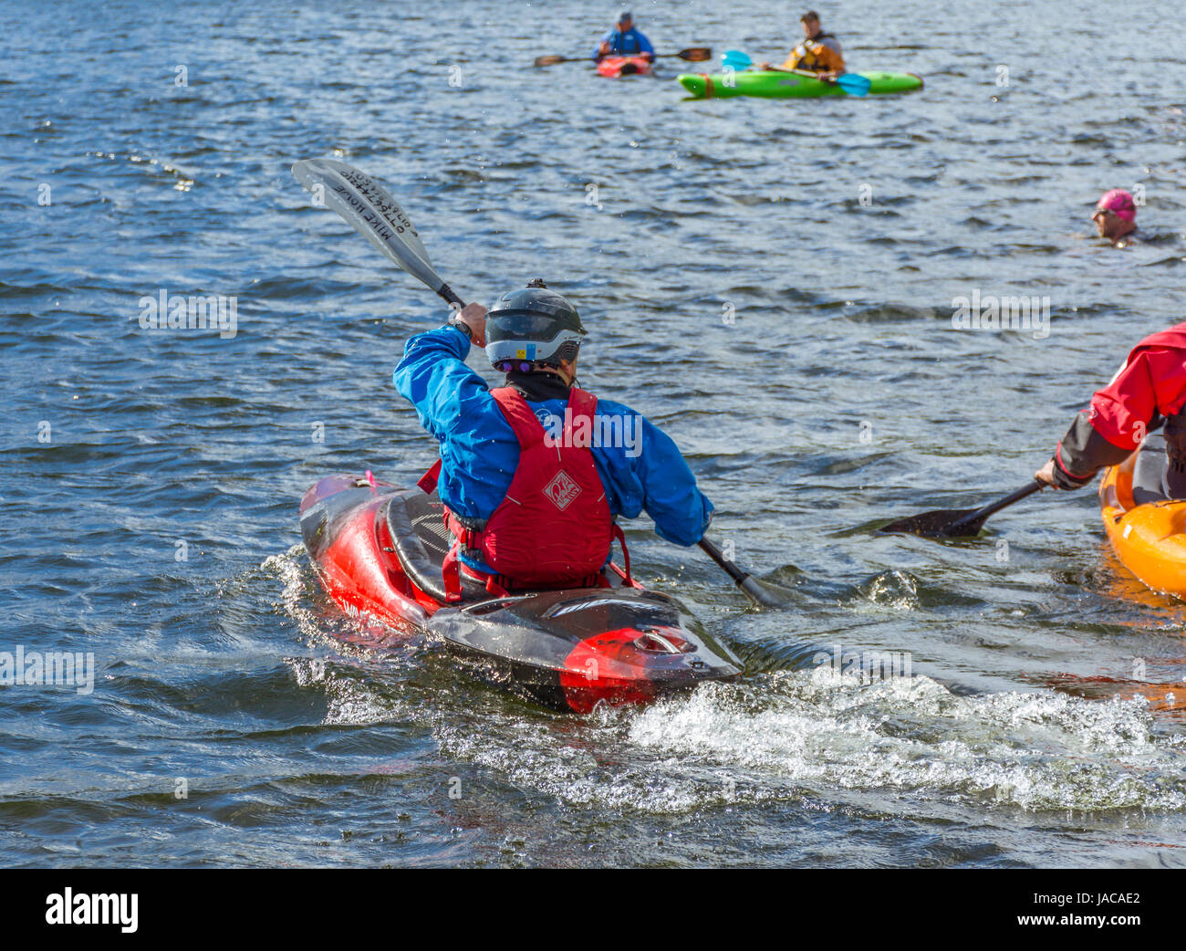 Safety canoe paddles out for the start of the 2017 Ullswater EPIC open ...