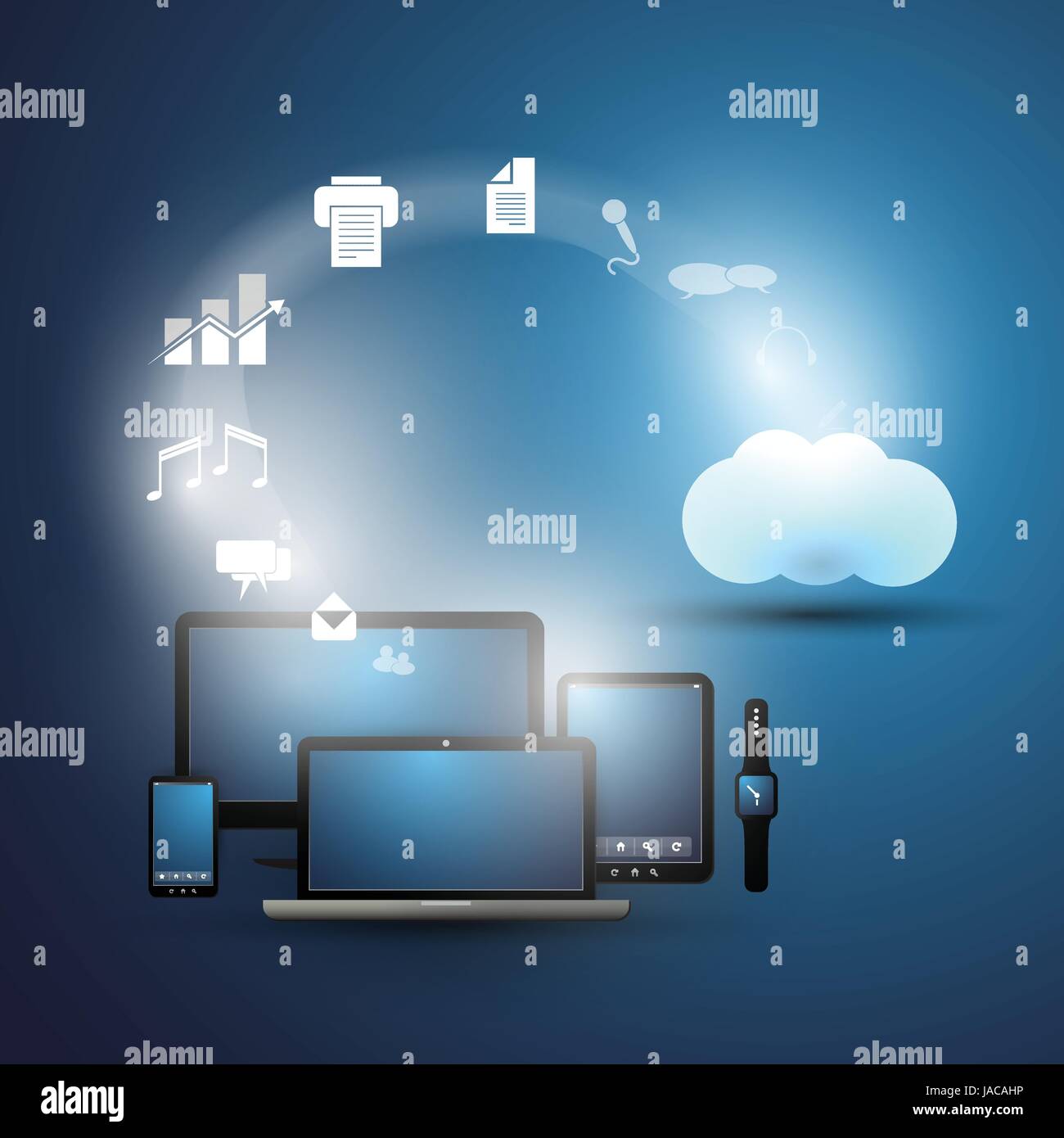 Abstract Modern Blue Cloud Computing, Wearable Technology, Digital Communication and Social ...
