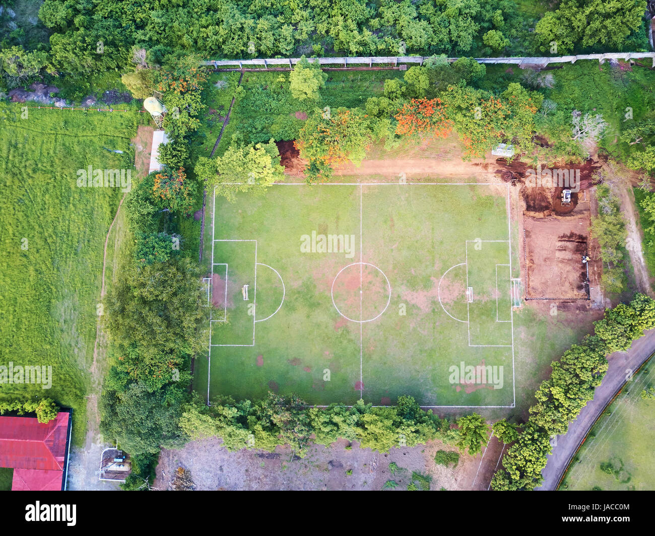 Soccer field in reconstruction aerial above top view Stock Photo - Alamy