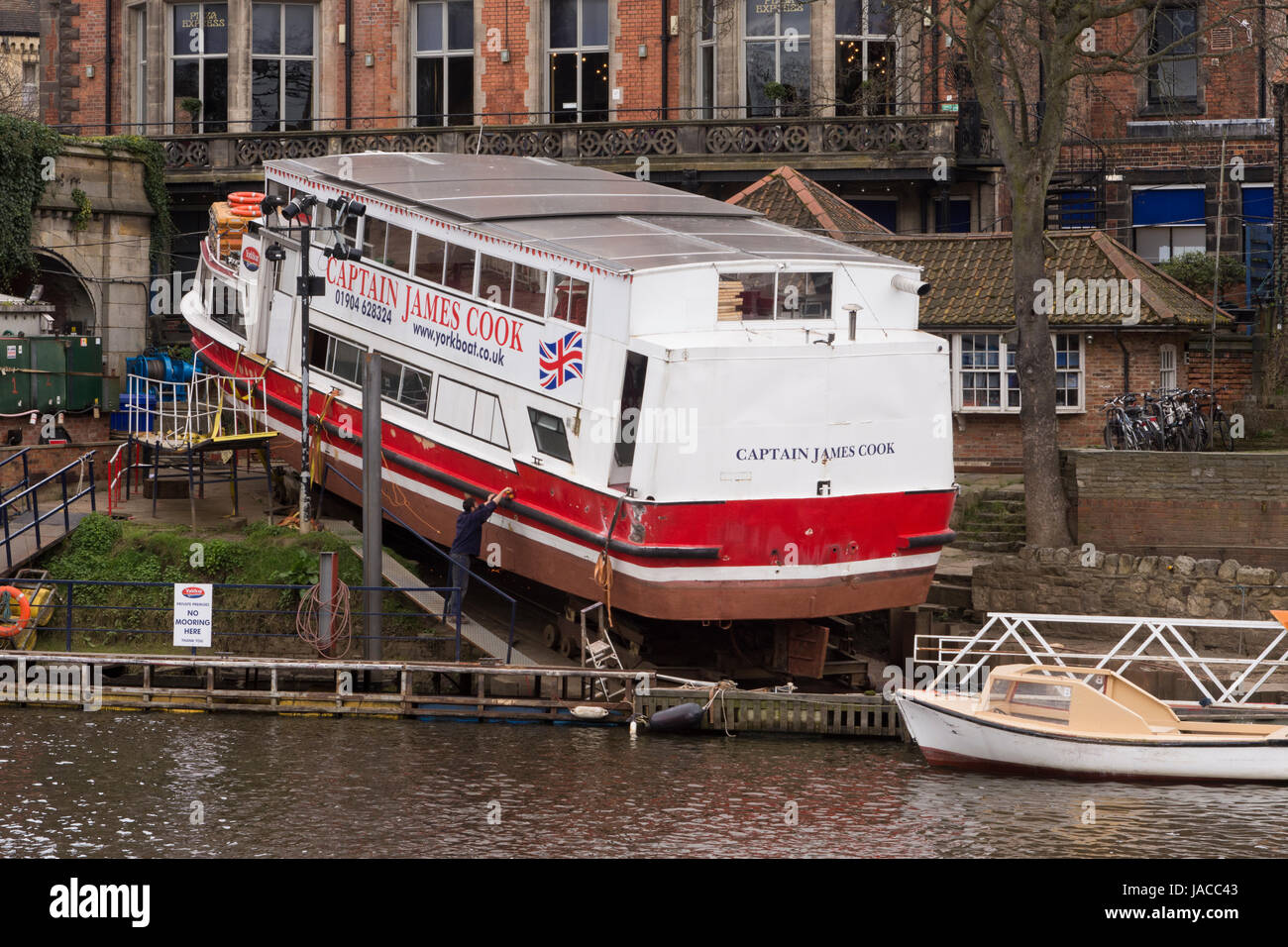 Pleasure cruise boat, Captain James Cook out of the water on a slipway ...