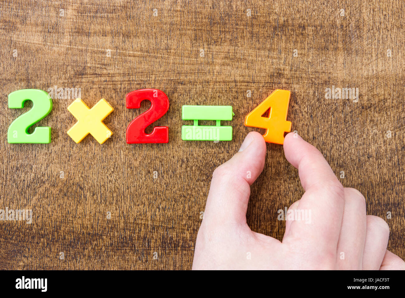 Solving simple mathematical formula. Hand with colored numbers on the ...