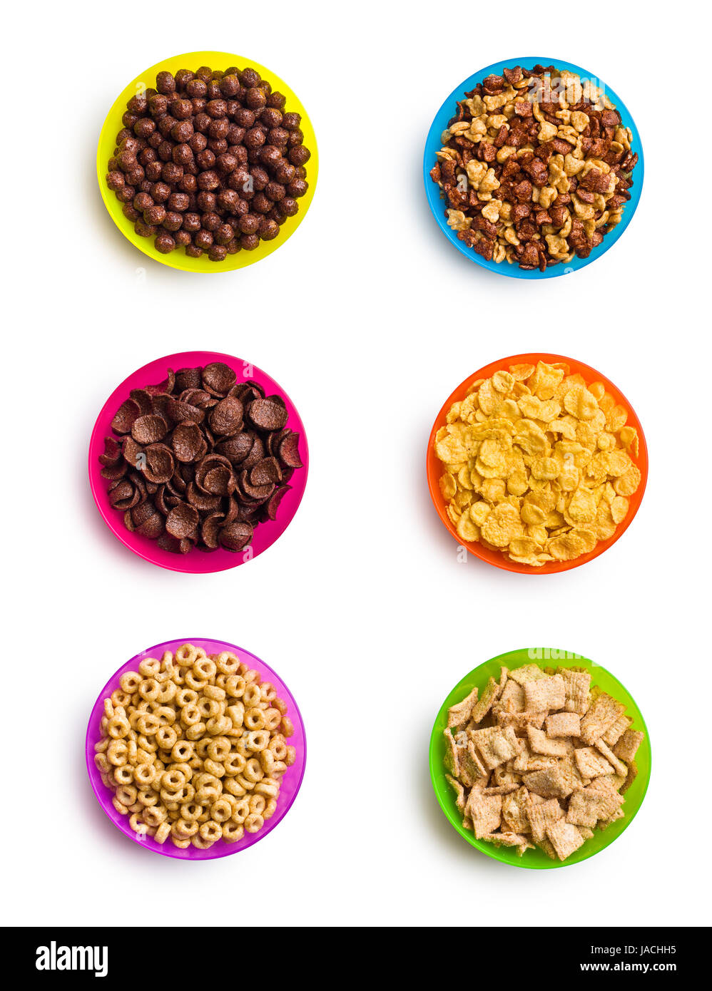top view of various cereals in colorful bowls on white background Stock ...
