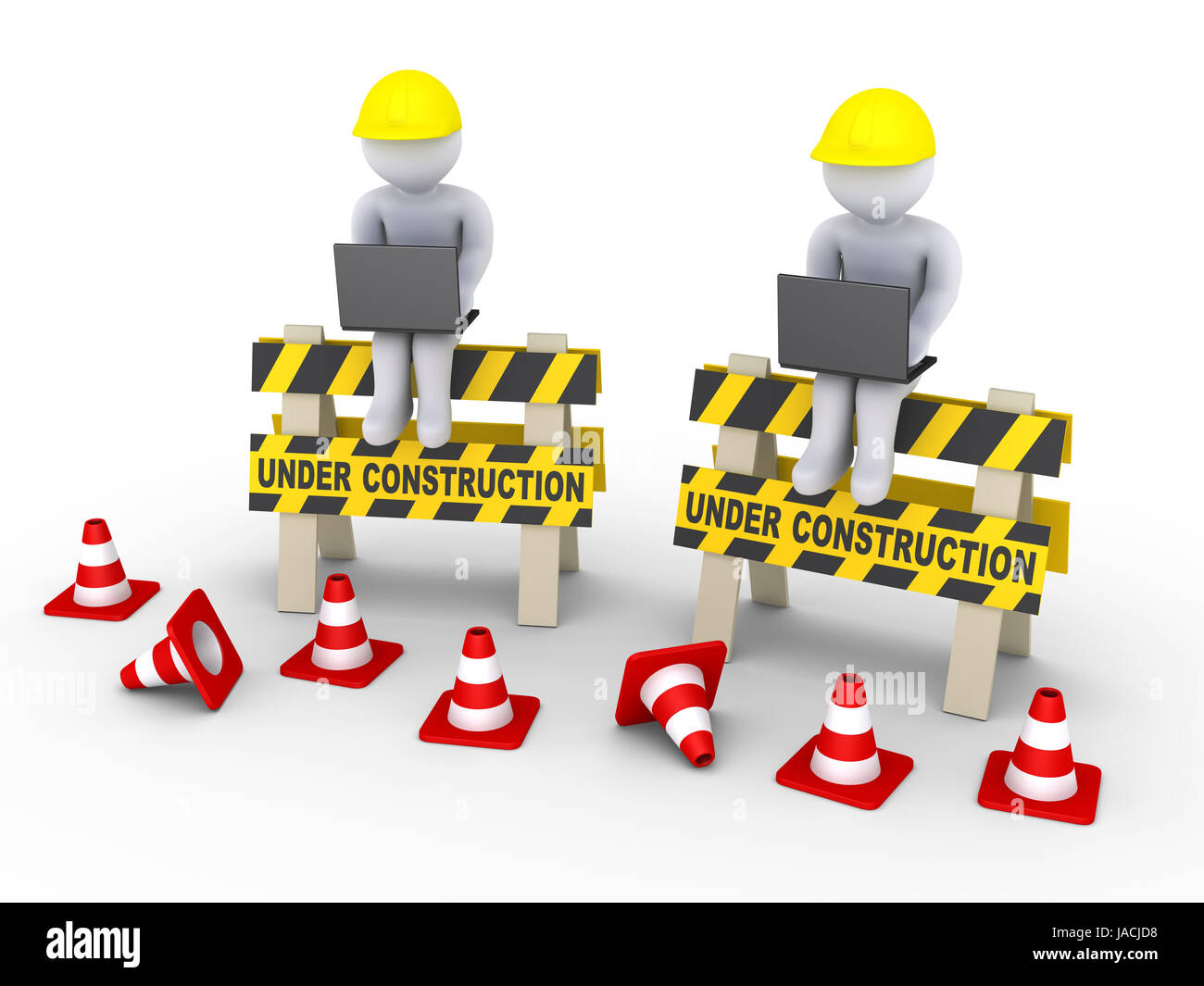 3d workers with laptops are sitting on two under construction signs ...