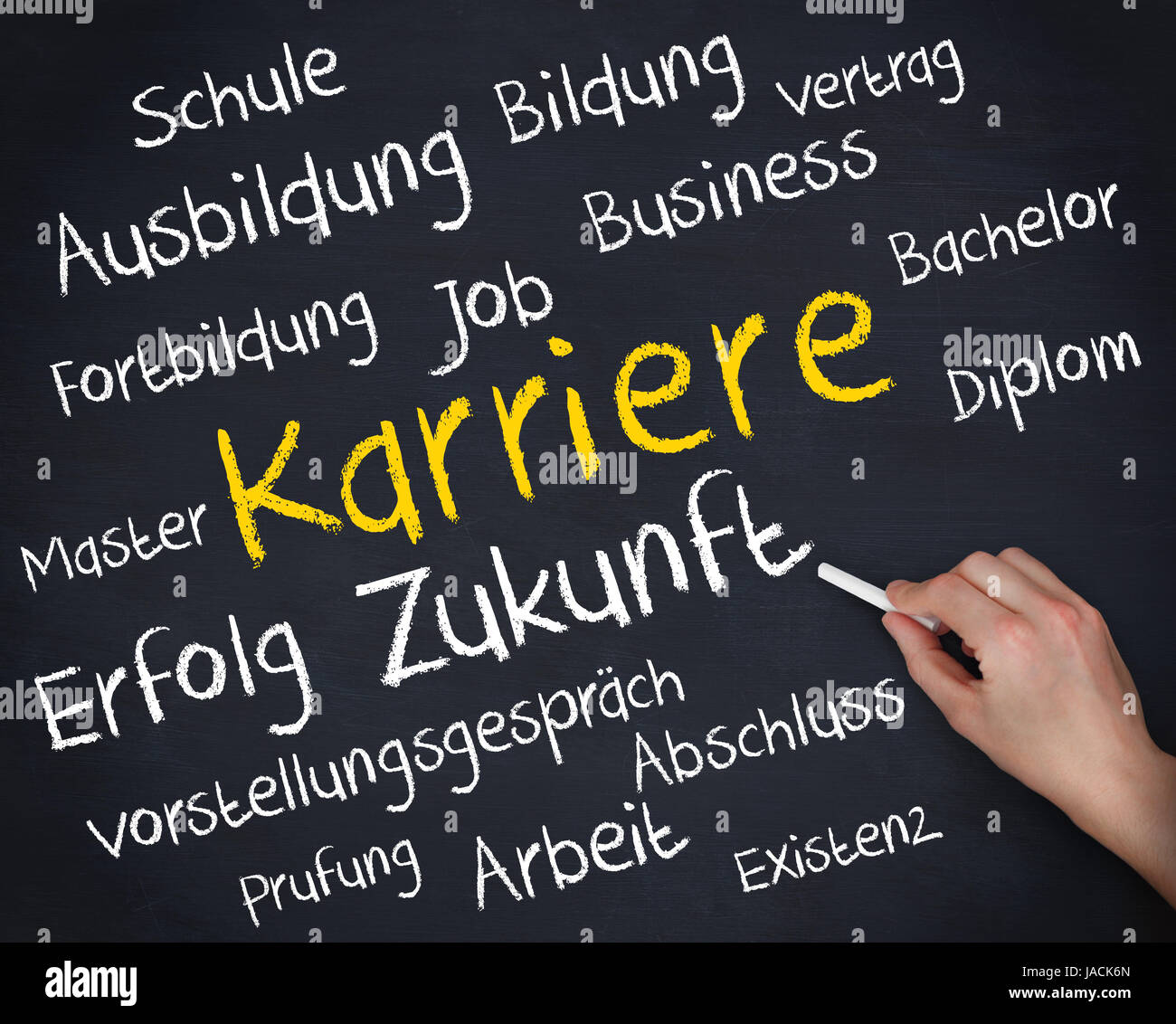 Hand holding a chalk and writing several german words about career on ...
