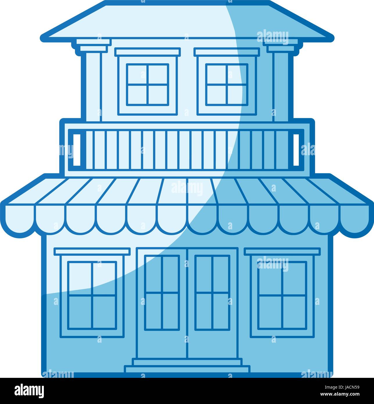 blue shading silhouette of house with two floors with balcony and ...