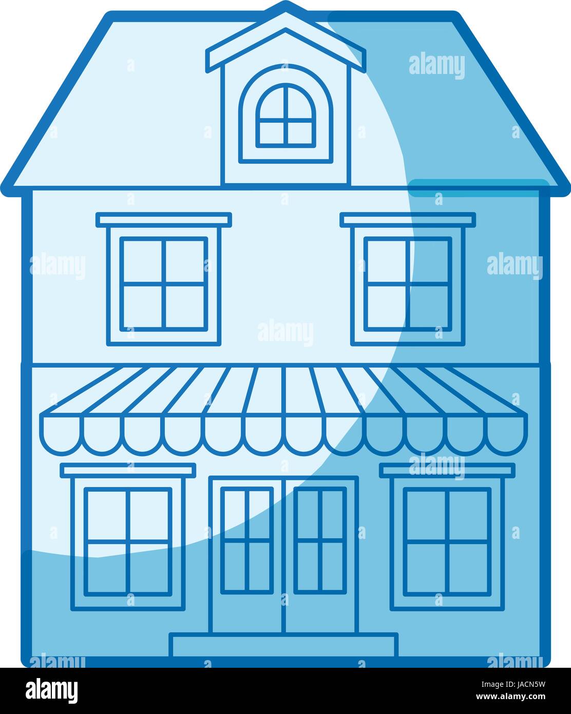 blue shading silhouette of house with two floors with attic and awning ...