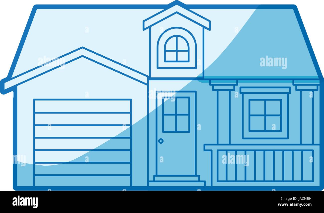 blue shading silhouette facade house with garage and attic Stock Vector ...