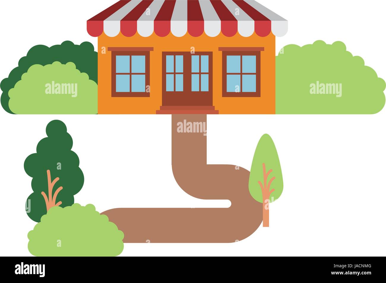 white background with natural landscape and store with awning Stock ...