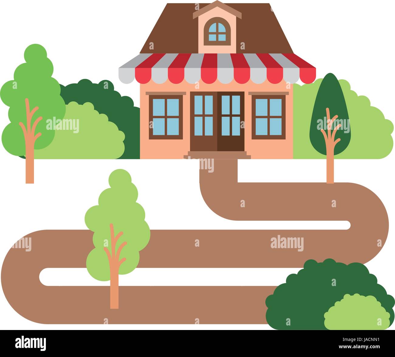 white background with natural landscape and store with awning and attic ...